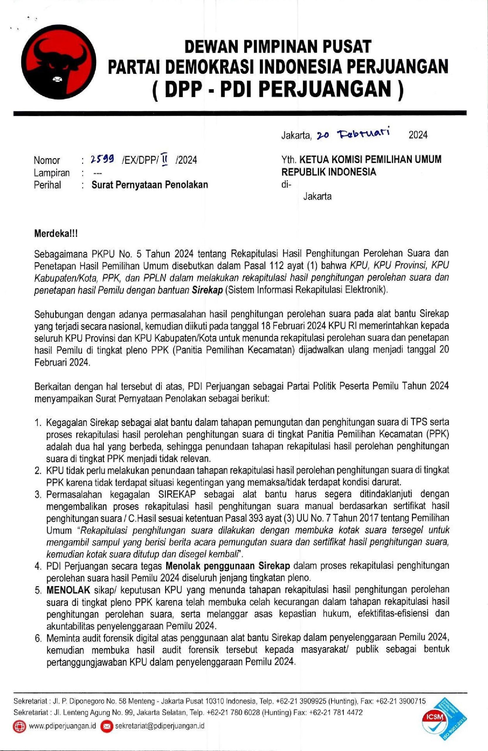 INI isi lengkap surat PDI-Perjuangan ke KPU RI - Segaris.co